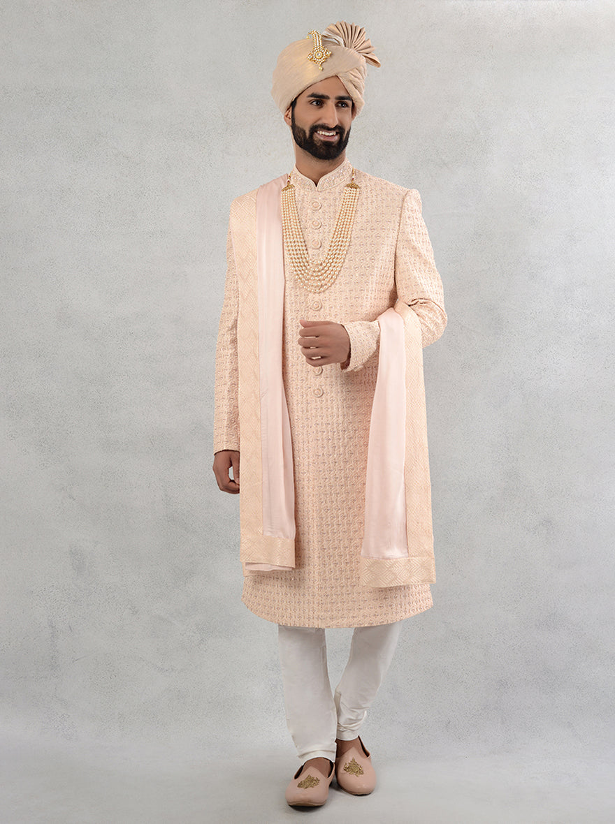 Azania Peach Silk Blend Embroidered Sherwani | Classic Straight Cut ...