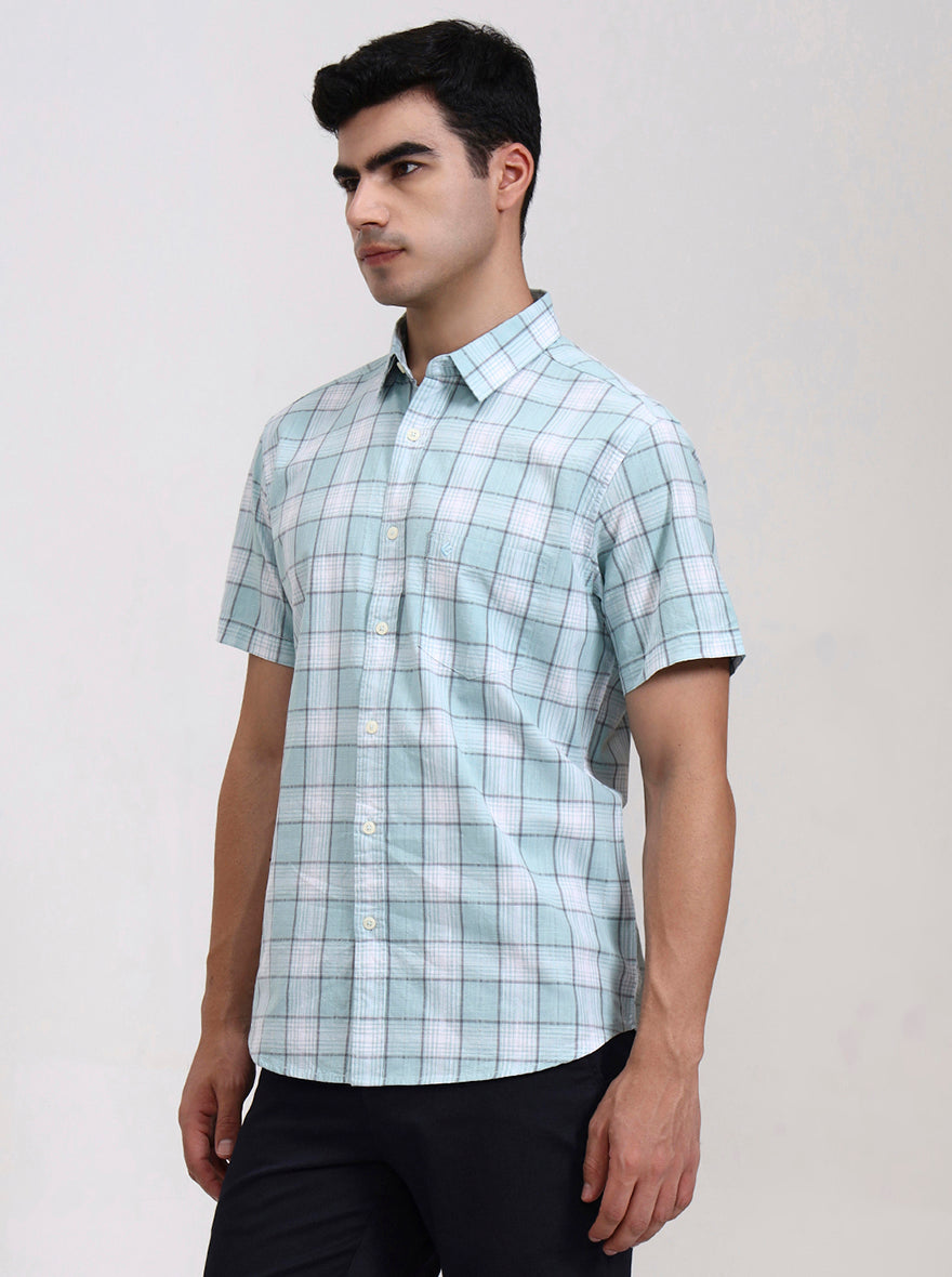 Greenfibre White & Blue Checked Casual Shirt | Slim Fit | Cotton Blend ...