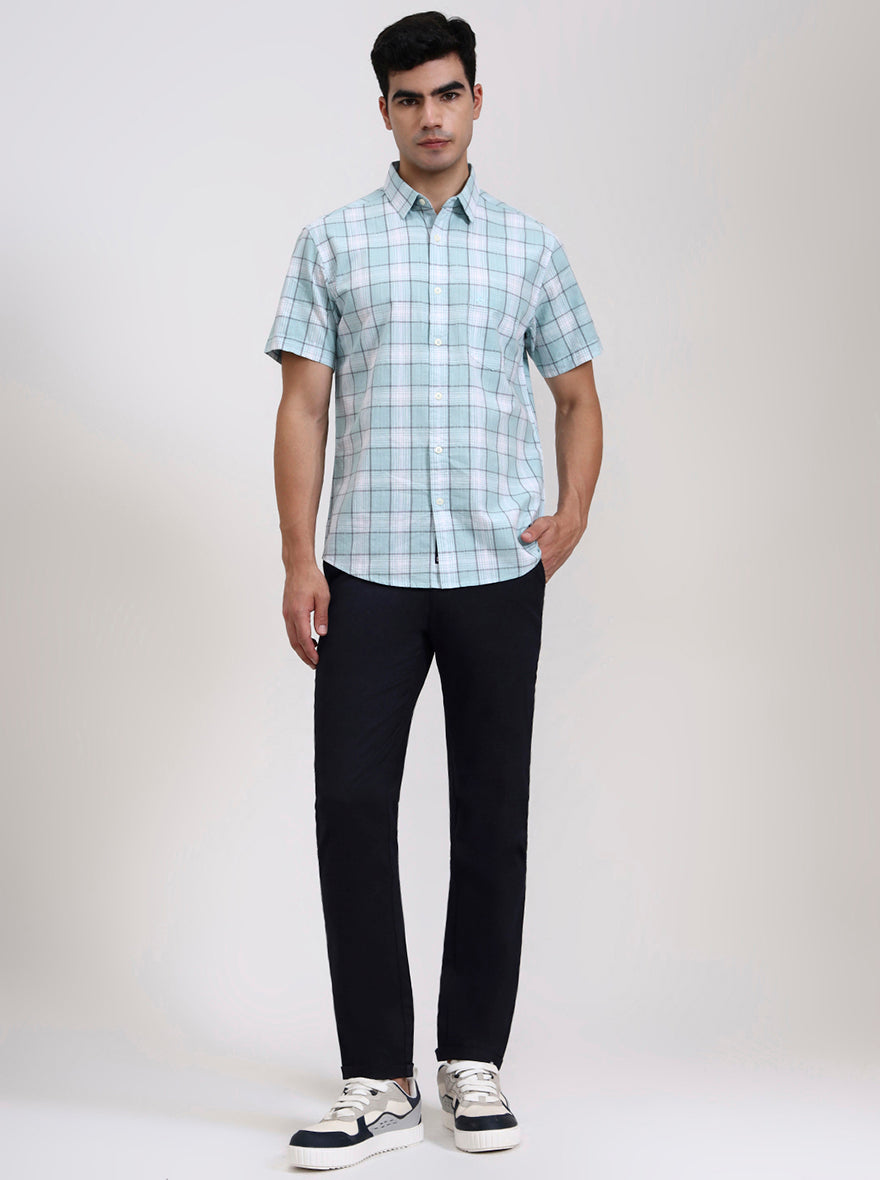 Greenfibre White & Blue Checked Casual Shirt | Slim Fit | Cotton Blend ...