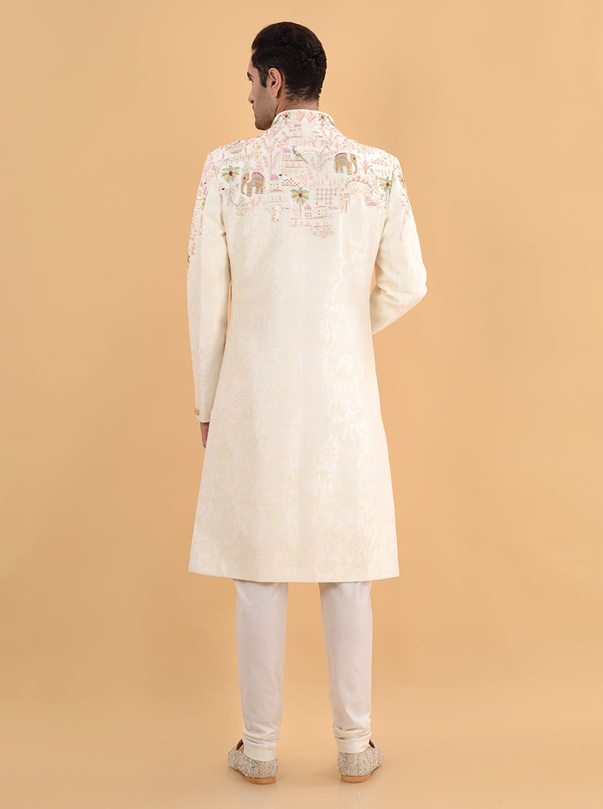 TULA Cream Multi Silk Embroidered Sherwani | Regular Fit All Over ...