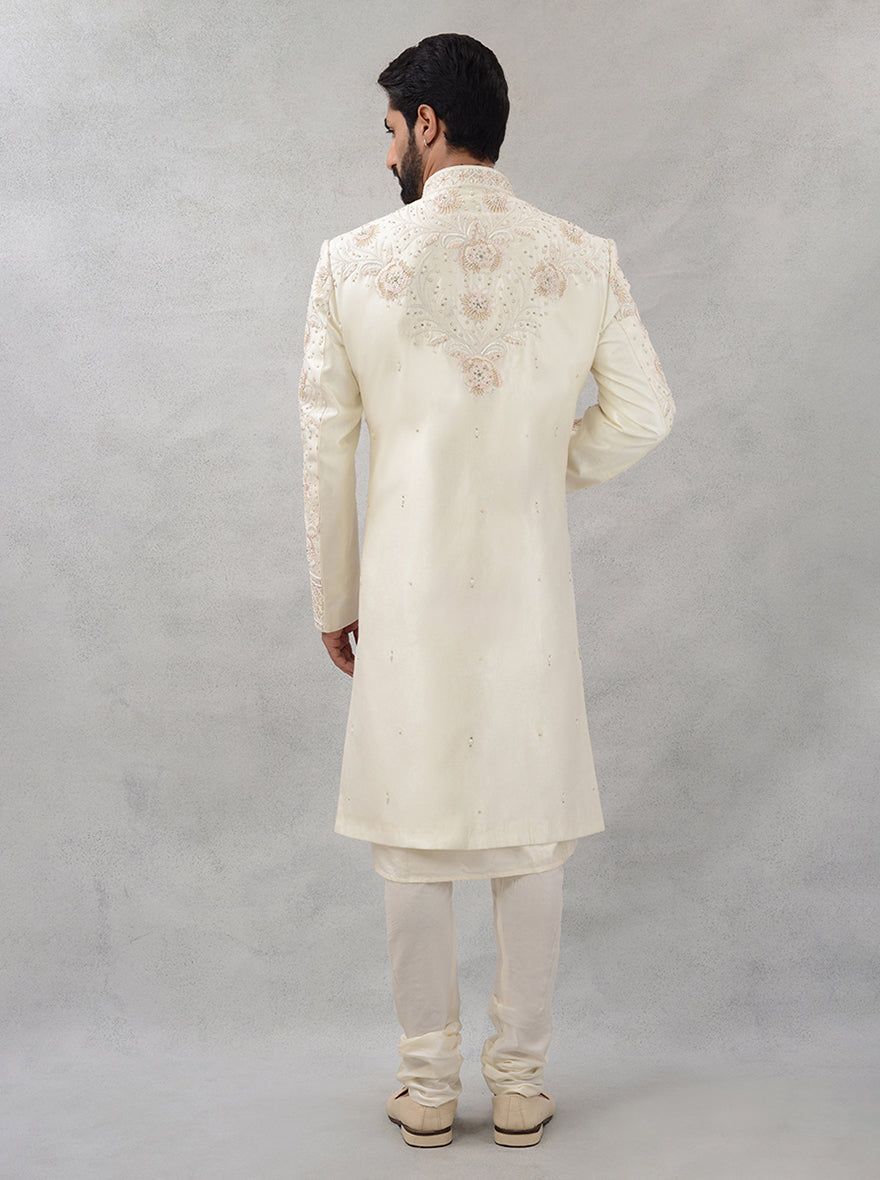 TULA Cream Silk Embroidered Sherwani with Resham, Sadi, Moti, Nakshi ...