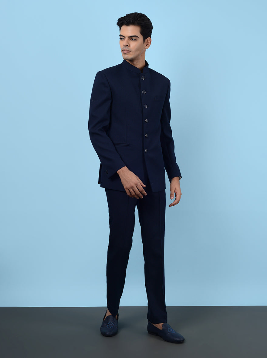 JadeBlue Navy Blue Poly Nosic self textured Jodhpuri Suit | Regular Fit ...