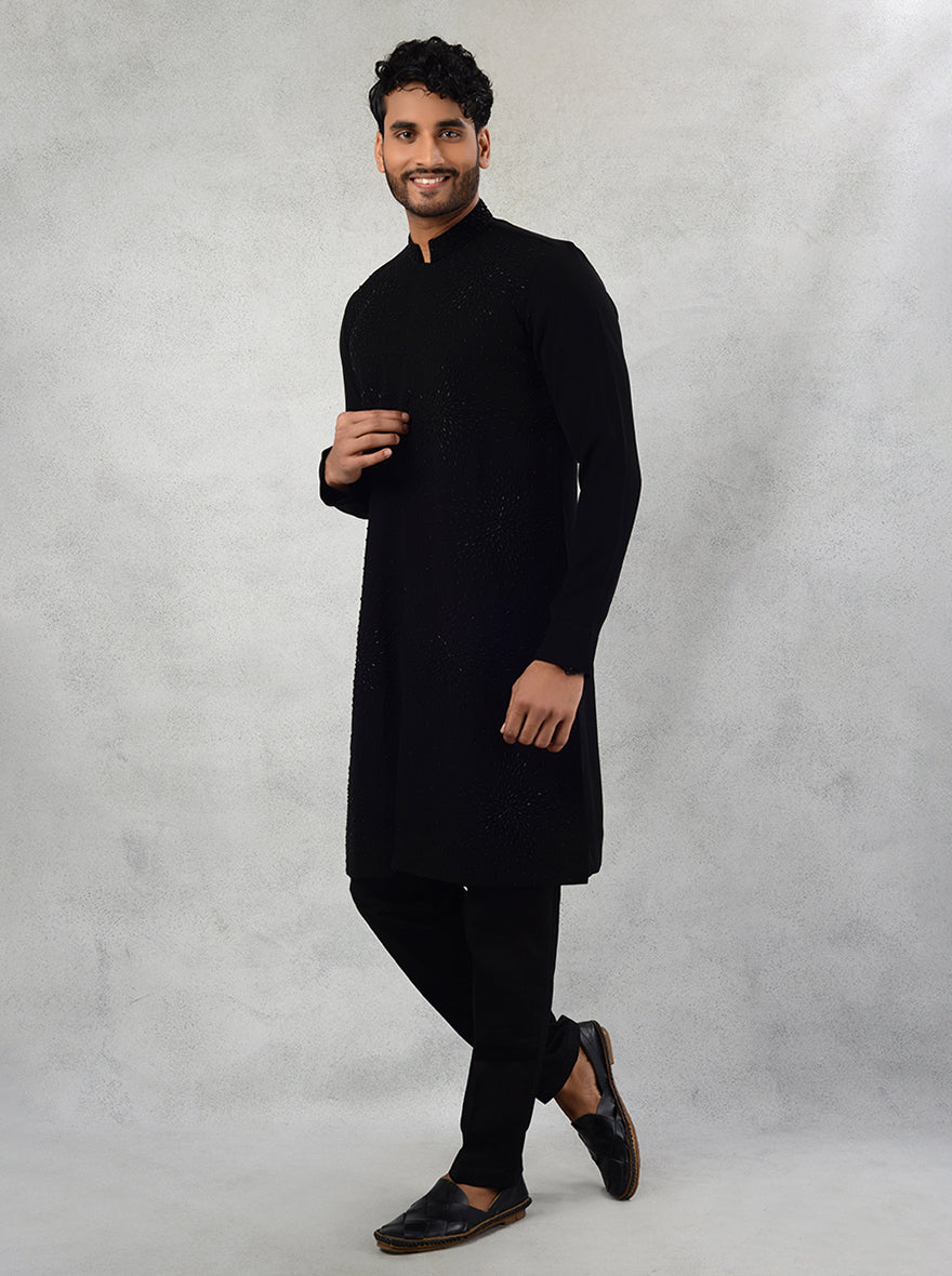 TULA Black Sun Silk Kurta Pajama | Placement Embroidered | Moti, Sali ...