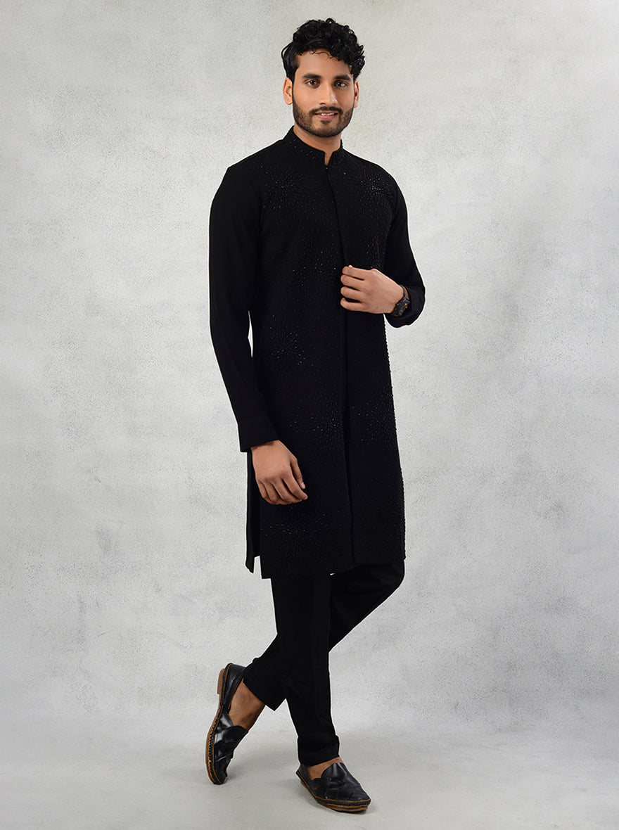 TULA Black Sun Silk Kurta Pajama | Placement Embroidered | Moti, Sali ...