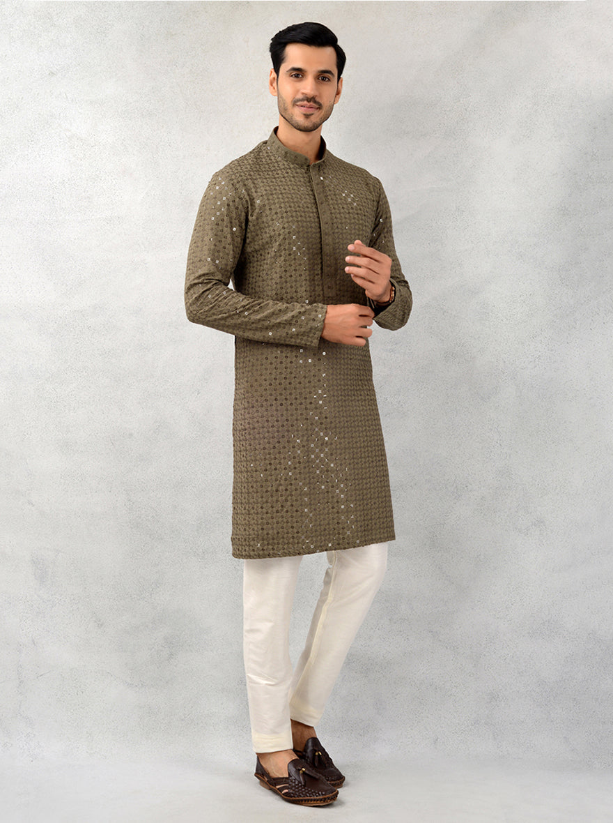 Azania Classic Silk Embroidered Kurta Pajama | Elegant Green Men's ...