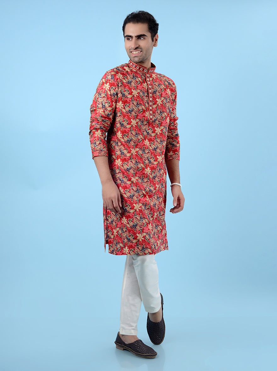 Azania Red Crepe Silk Printed Kurta Pajama for Men | Regular Fit Full ...