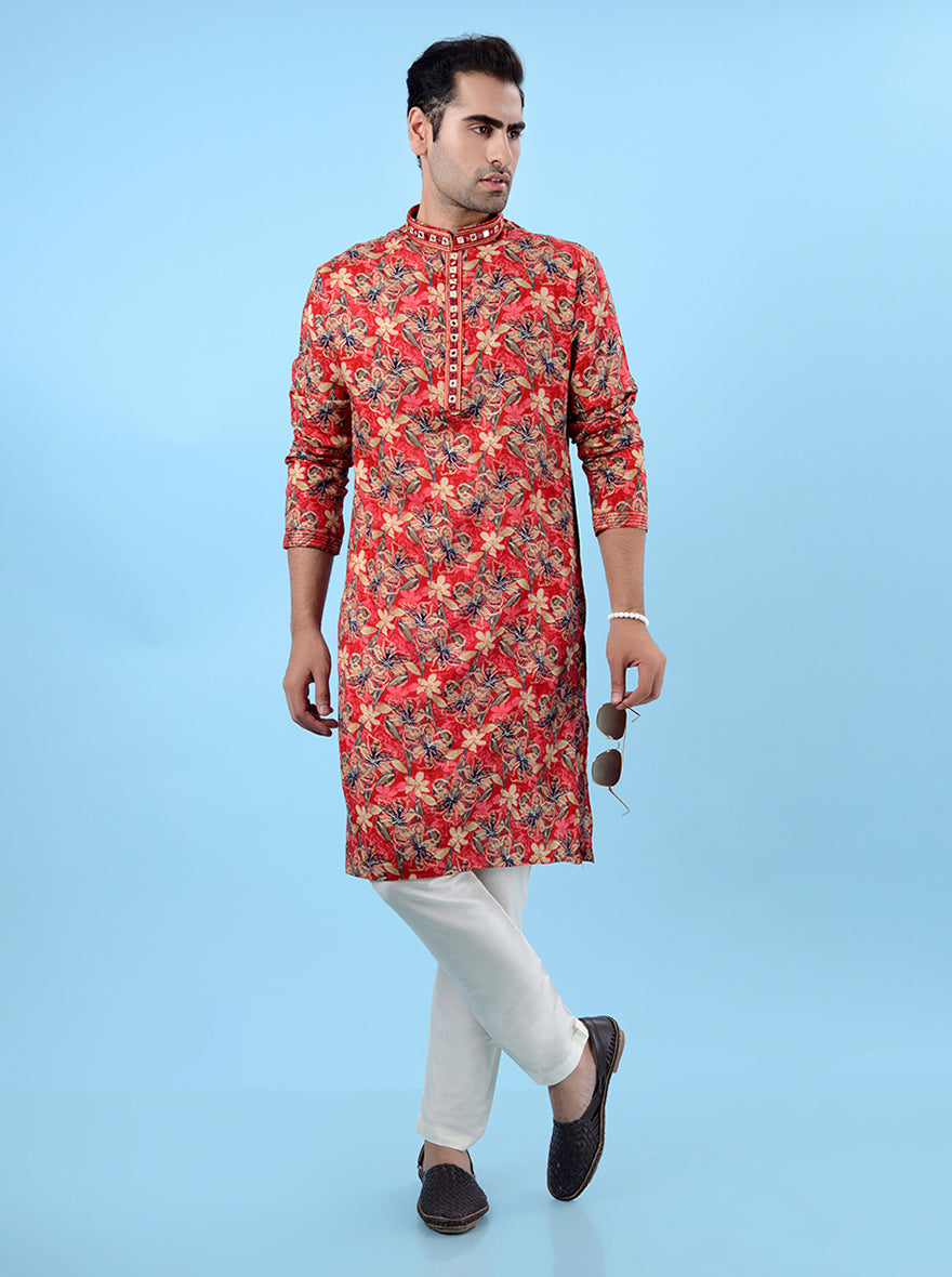 Azania Red Crepe Silk Printed Kurta Pajama for Men | Regular Fit Full ...