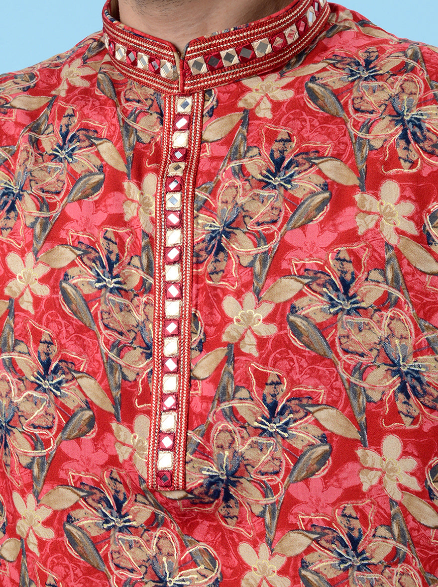 Azania Red Crepe Silk Printed Kurta Pajama for Men | Regular Fit Full ...