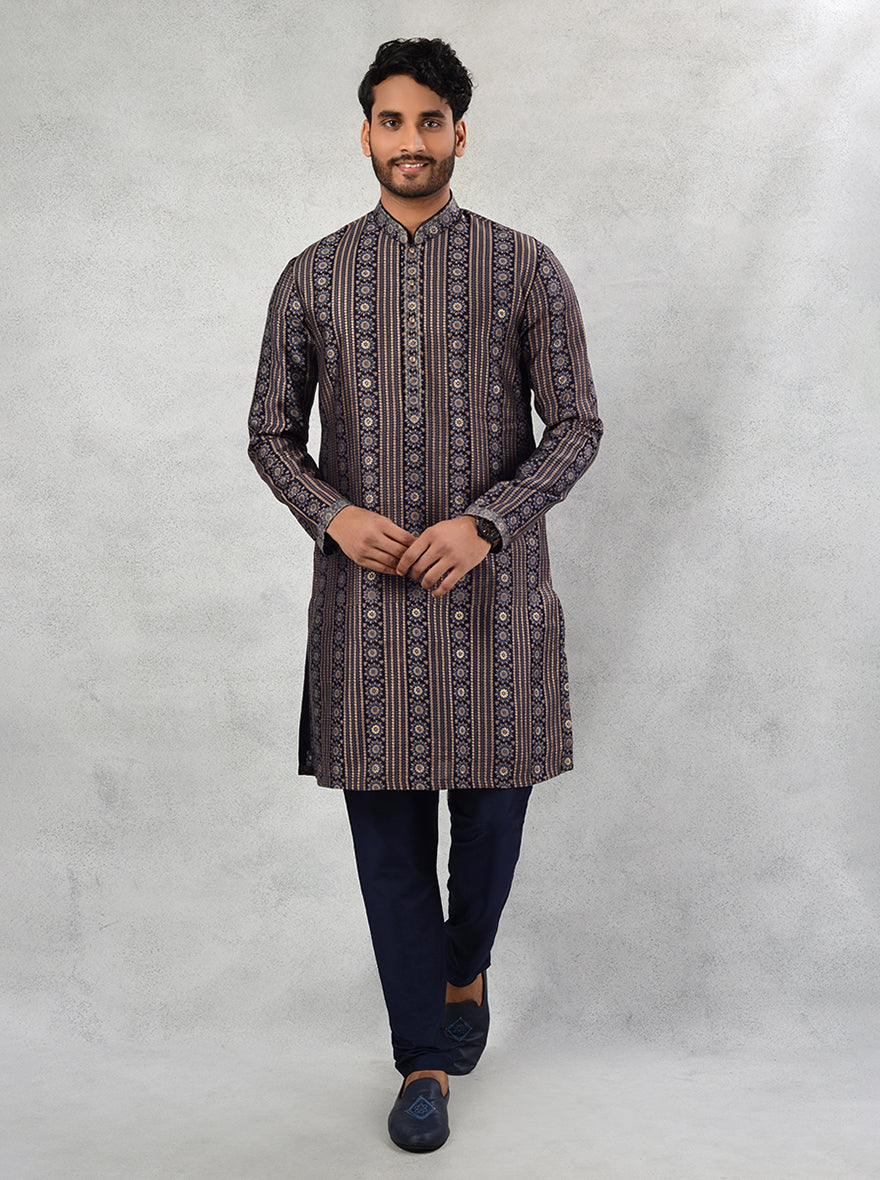 Azania Midnight Blue Printed Silk Blend Kurta Pajama | Classic Straight ...
