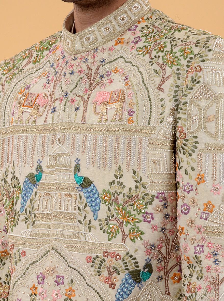 TULA Beige Silk Embroidered Sherwani for Men | Regular Fit Full Sleeve ...