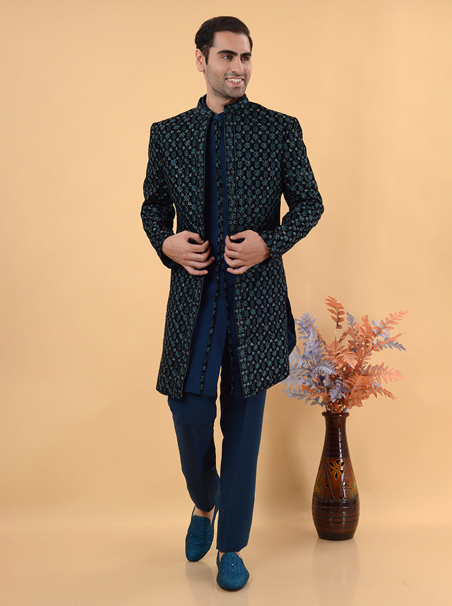 Azania Navy Blue Velvet All Over Embroidered Indowestern for Men ...