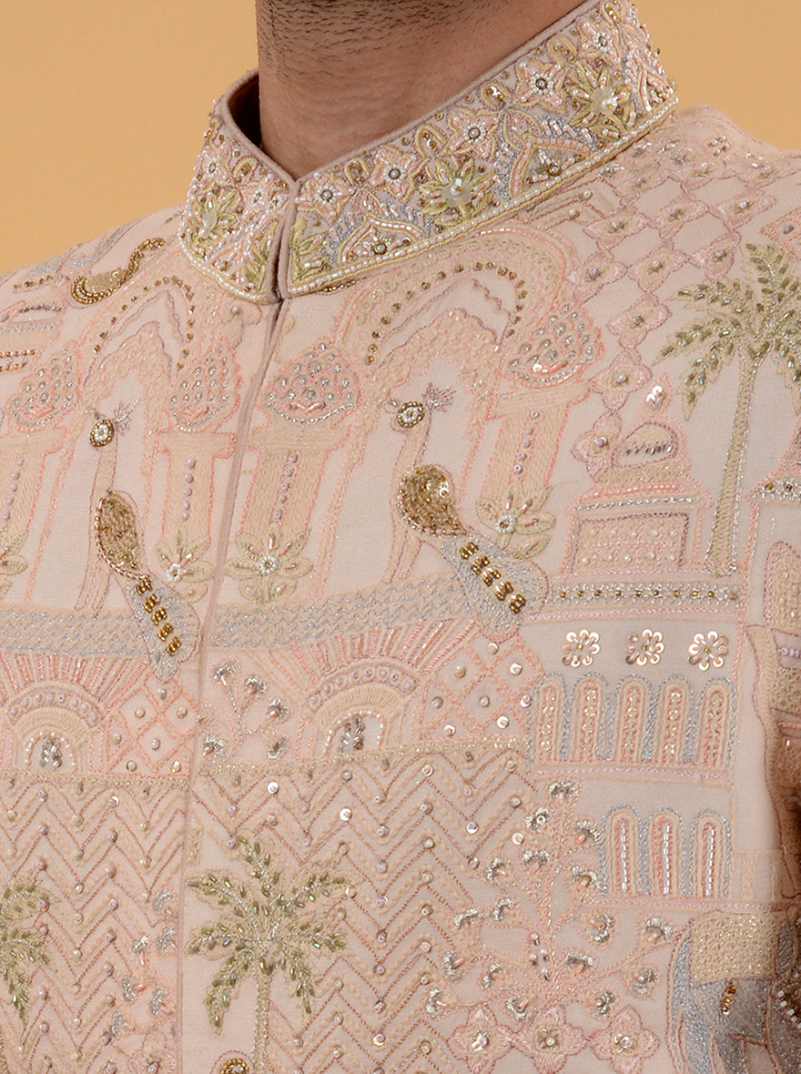 TULA Champagne Peach Silk Blend Embroidered Sherwani for Men ...