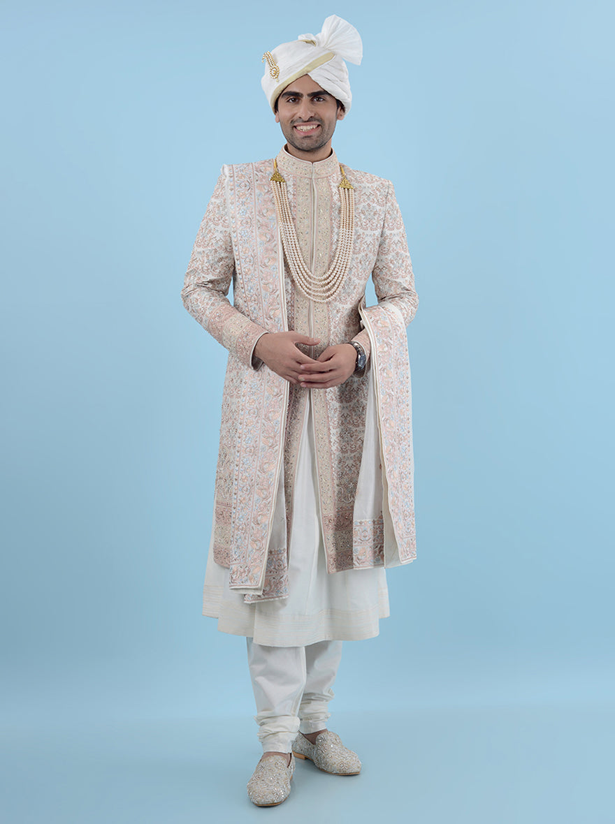 TULA Cream Multi Silk Embroidered Sherwani | Regular Fit Full Sleeve ...