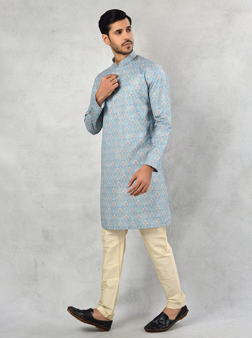 Azania Men's Neo Mint Printed Silk Blend Kurta Pajama | Classic ...