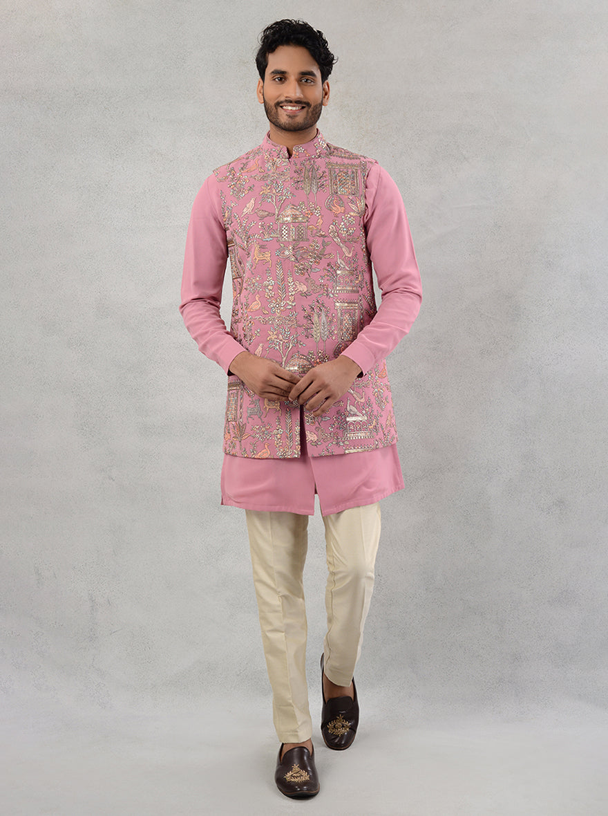 TULA Pink Sun Silk Embroidered Bandhgala Jacket for Men | Resham, Zari ...