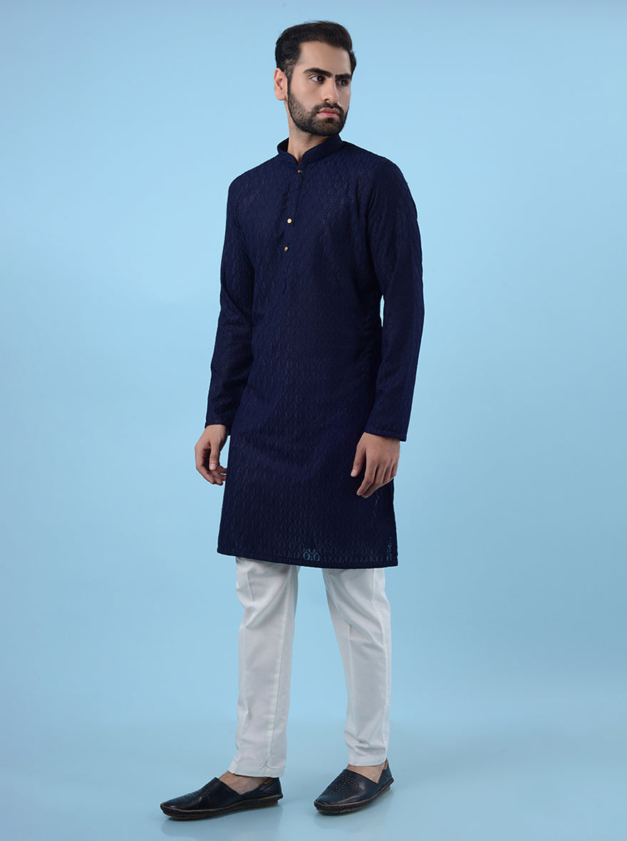 Azania Navy Blue Silk Blend All Over Embroidered Kurta Pajama for Men ...
