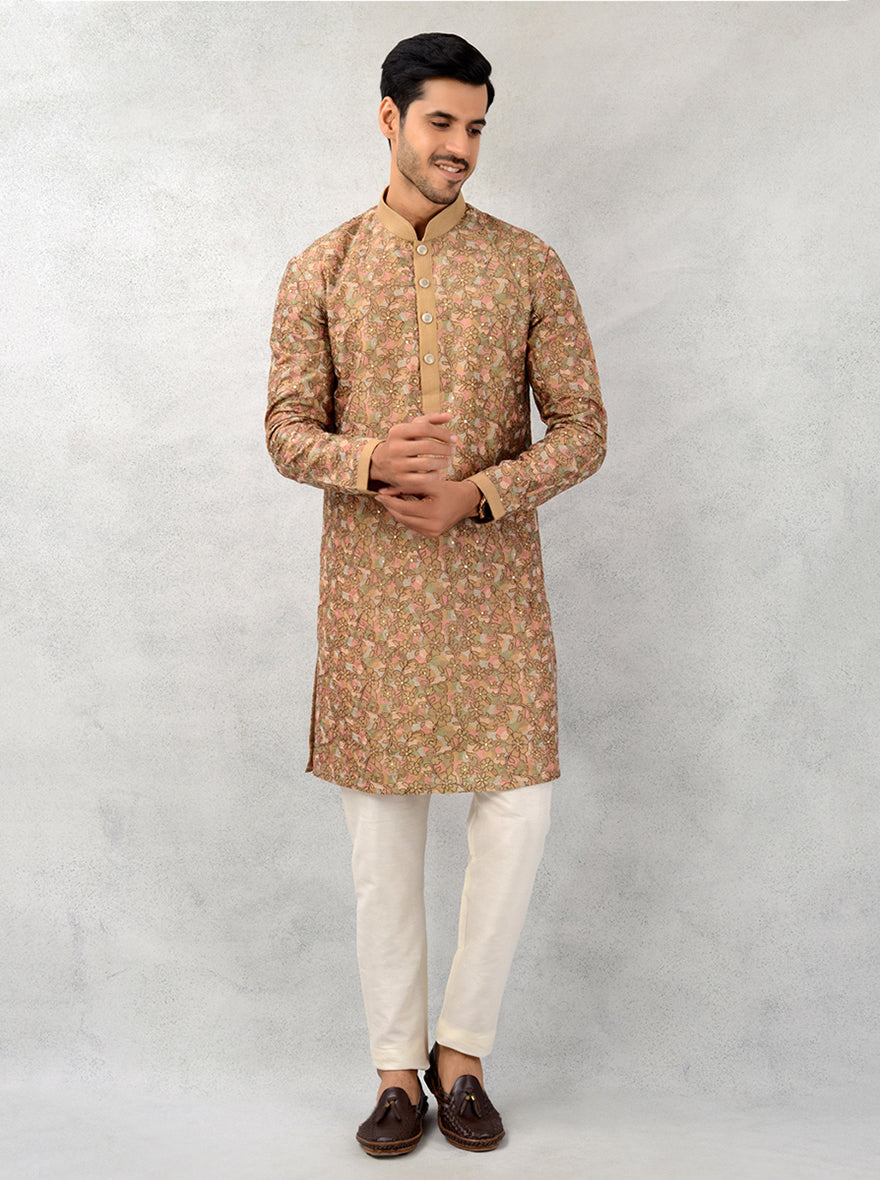 TULA Embroidered Silk Blend Kurta Pajama Set for Men | Elegant Khaki ...