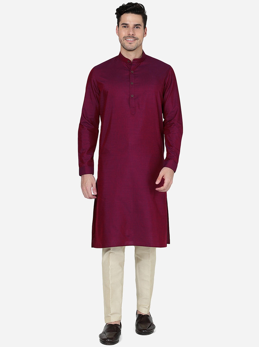 MODI KURTA Men's Burgundy Cotton Blend Regular Fit Solid Modi Kurta ...