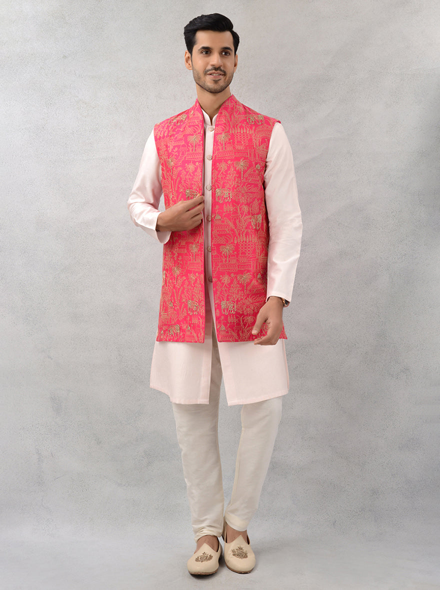 TULA Bright Pink Silk Blend Embroidered Bandhgala Jacket for Men ...