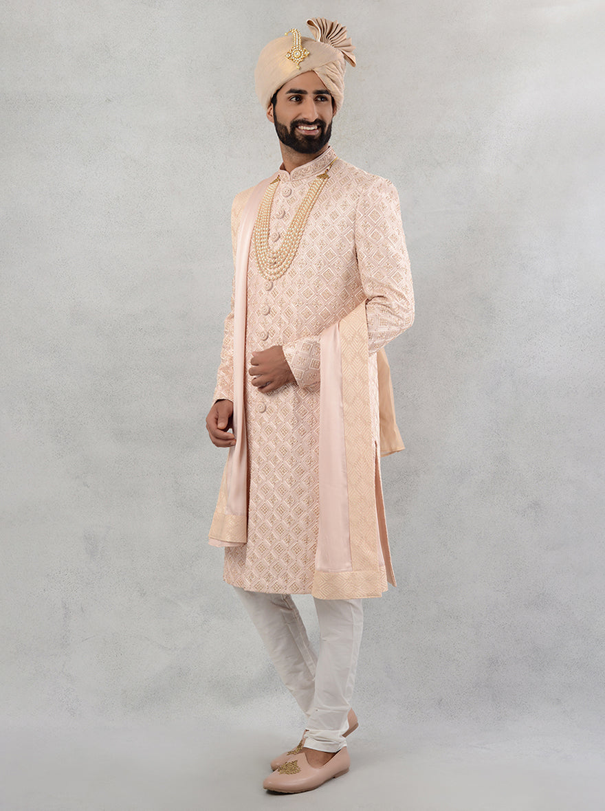 "TULA Men's Onion Pink Silk Blend Embroidered Sherwani | Classic ...