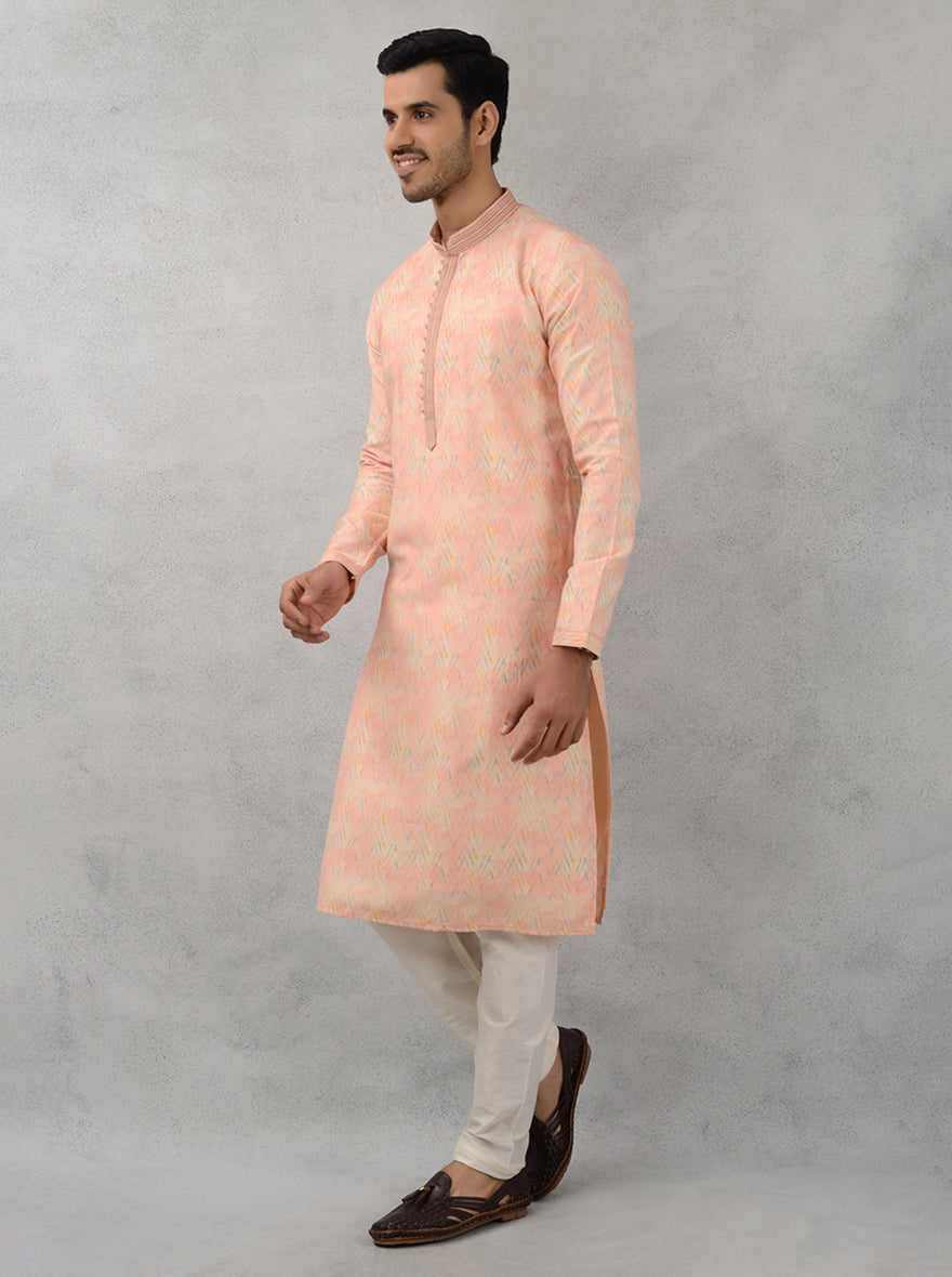 "Azania Peach Silk Blend Printed Classic Straight Cut Kurta Pajama for ...