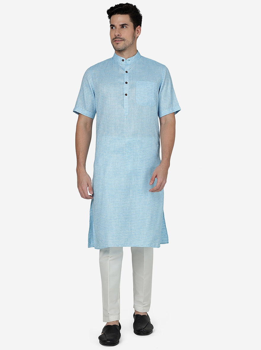 MODI KURTA Men's Sky Blue Cotton Blend Regular Fit Striped Modi Kurta ...