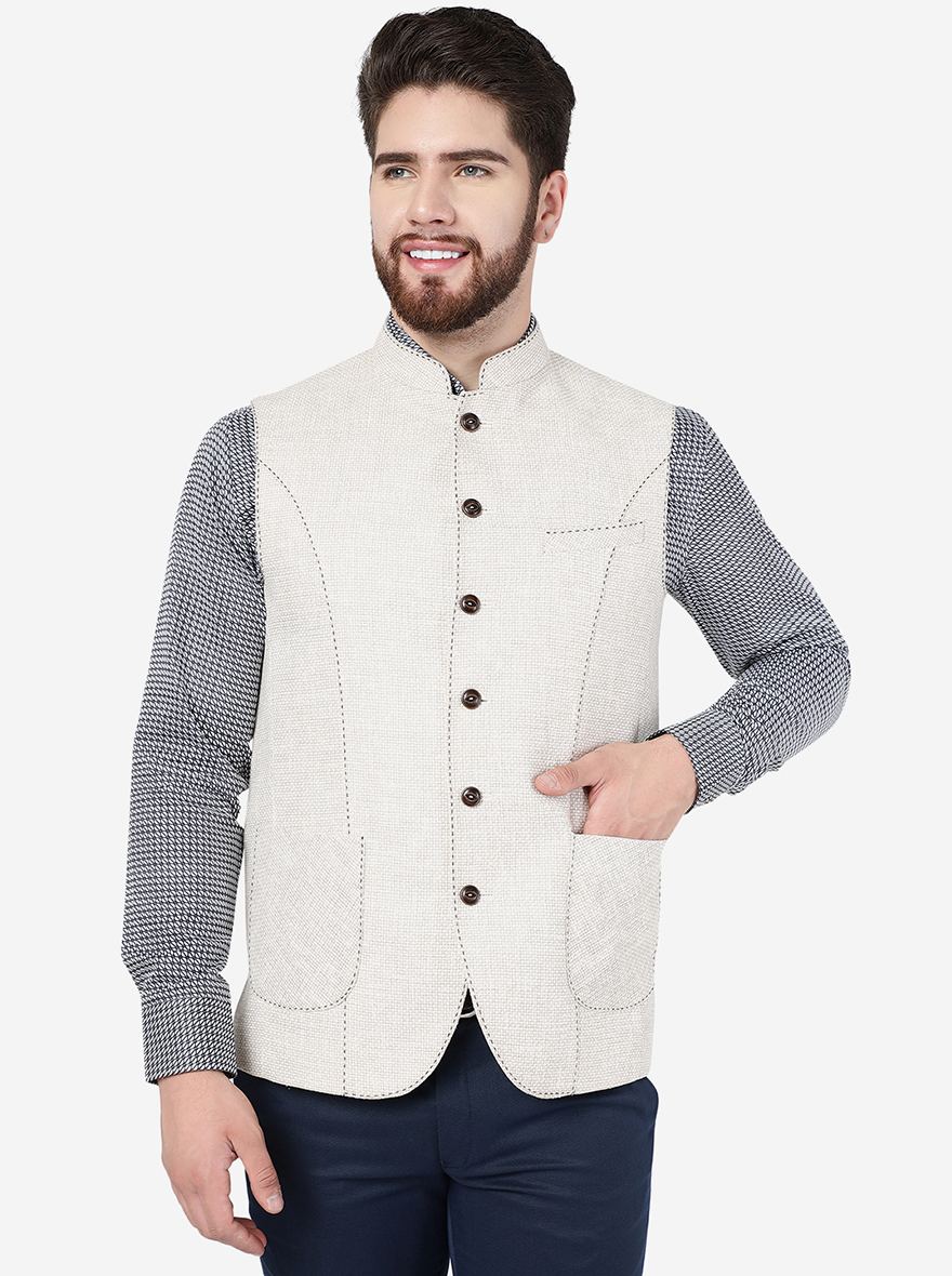 Buy White & Brown Textured Regular Fit Modi Jacket | JadeBlue